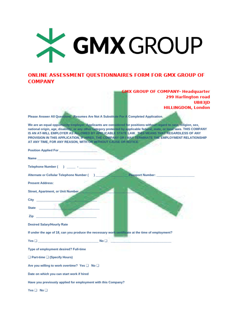 Online Assessment Form For GMX Group of Company Uk | PDF | Employment | Crimes