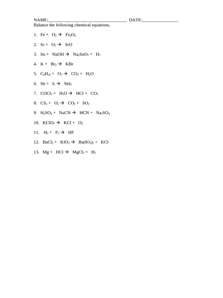 Balancing Chemical Equations Practice Worksheet 1 | PDF