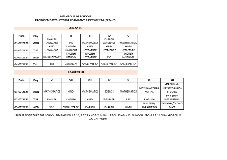 FA1 Exam Schedule 2024-25 | PDF