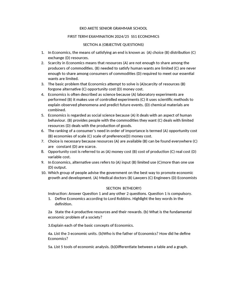 First Term Exam Ss1 Economics | PDF | Economics | Economies