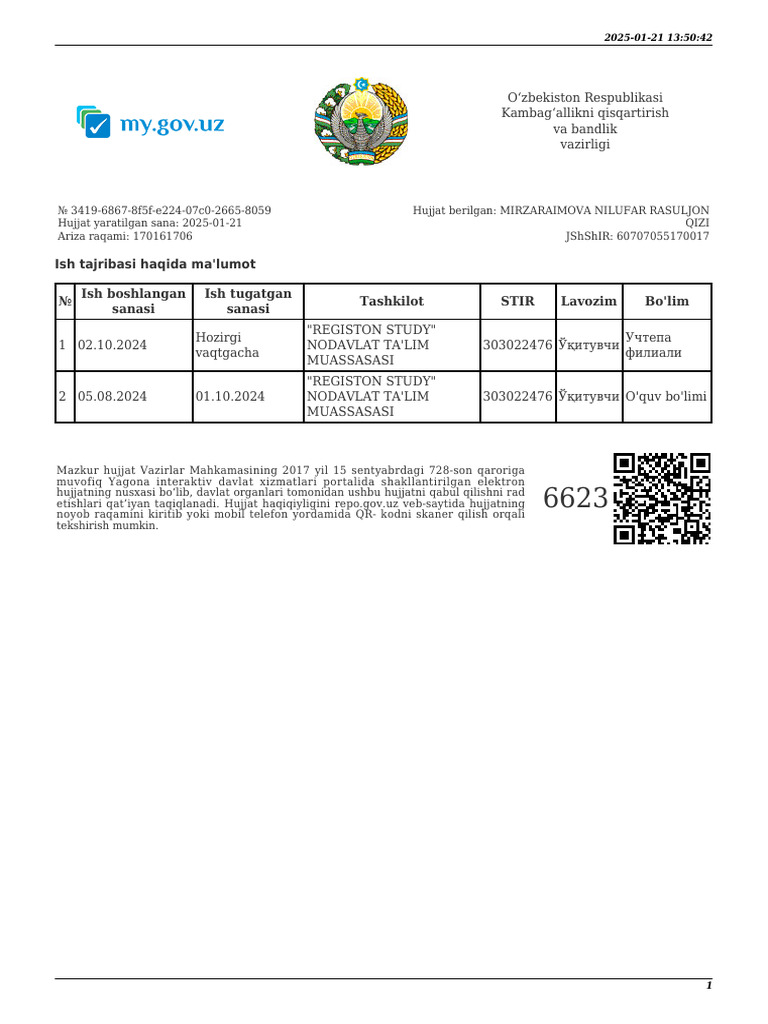 Ish Tajribasi Haqida Ma'lumot: Ish Boshlangan Sanasi Ish Tugatgan Sanasi Tashkilot Stir Lavozim ...