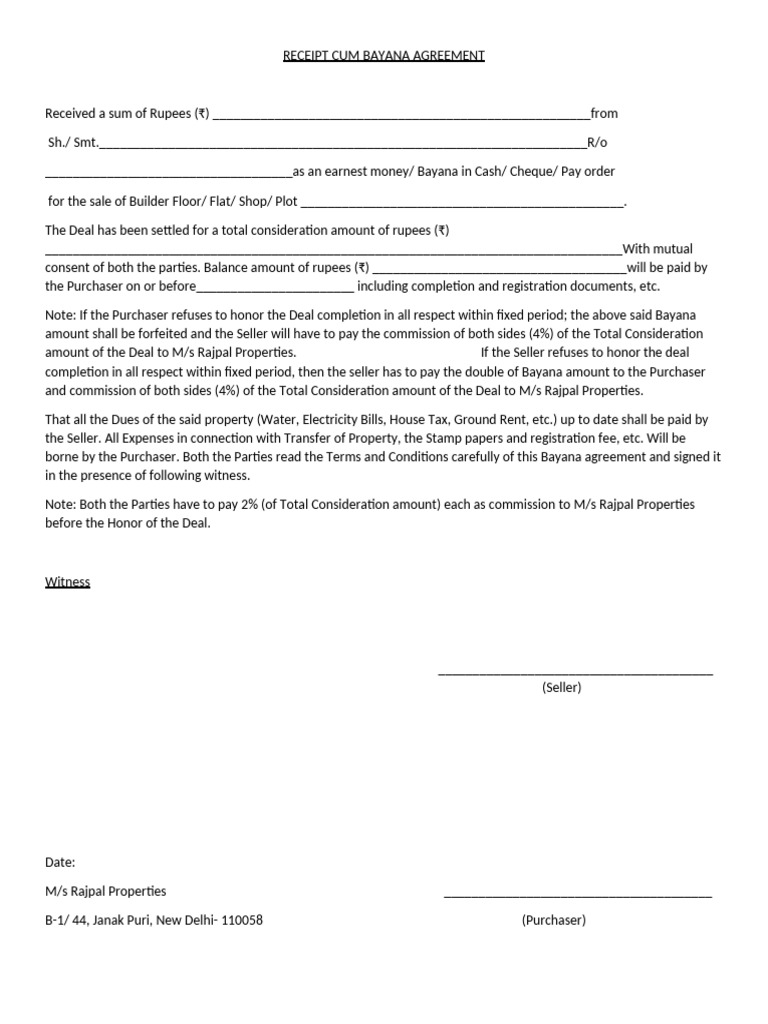 Bayana Agreement and Receipt Format | PDF