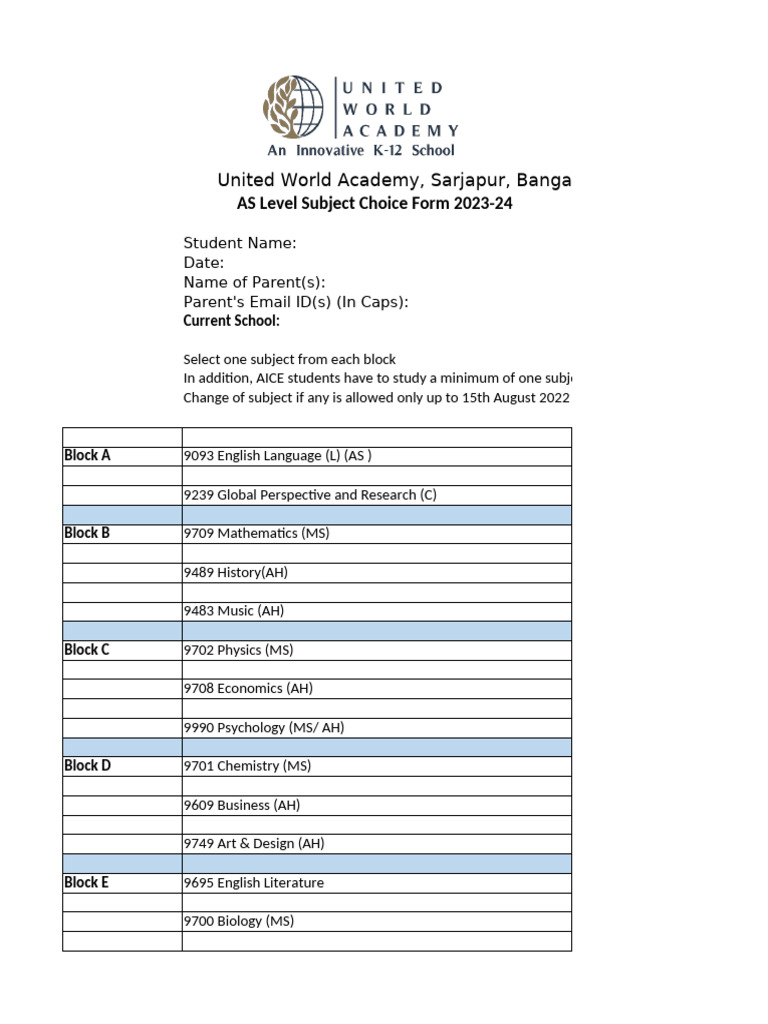 As and A Levels Subject Selection Form 2024-25 | PDF