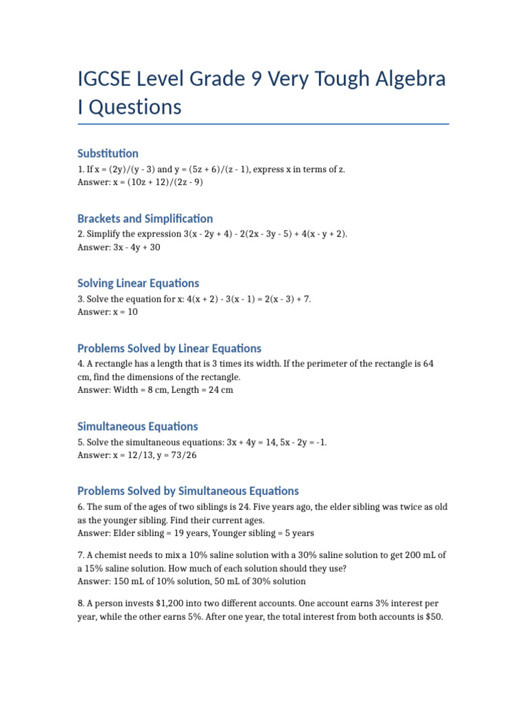 IGCSE Grade 9 Very Tough Algebra I Questions | PDF