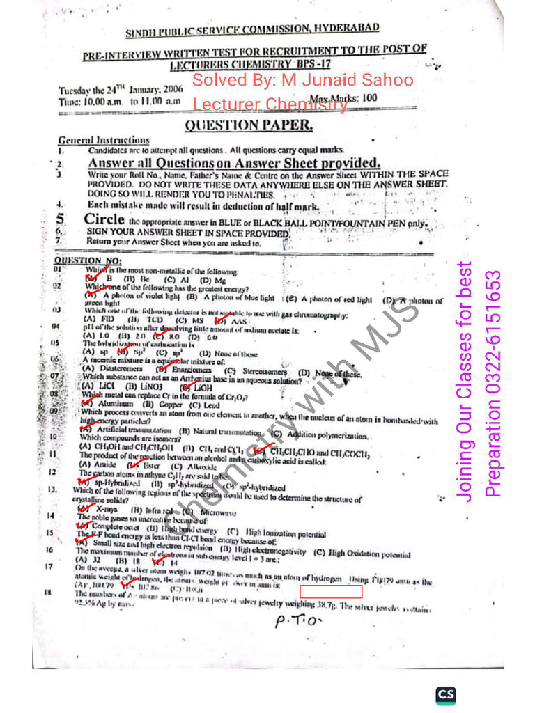SPSC Lecturer Chemistry Solved Paper 24th Jan 2006 by MJS | PDF
