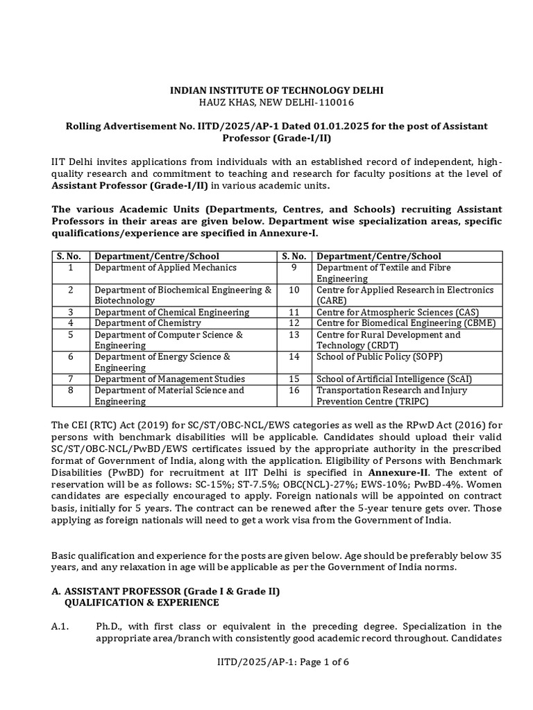 IITD 2025 AP-1 Rollling Advt FINAL - 27dec24 | PDF | Artificial Intelligence | Intelligence (AI ...