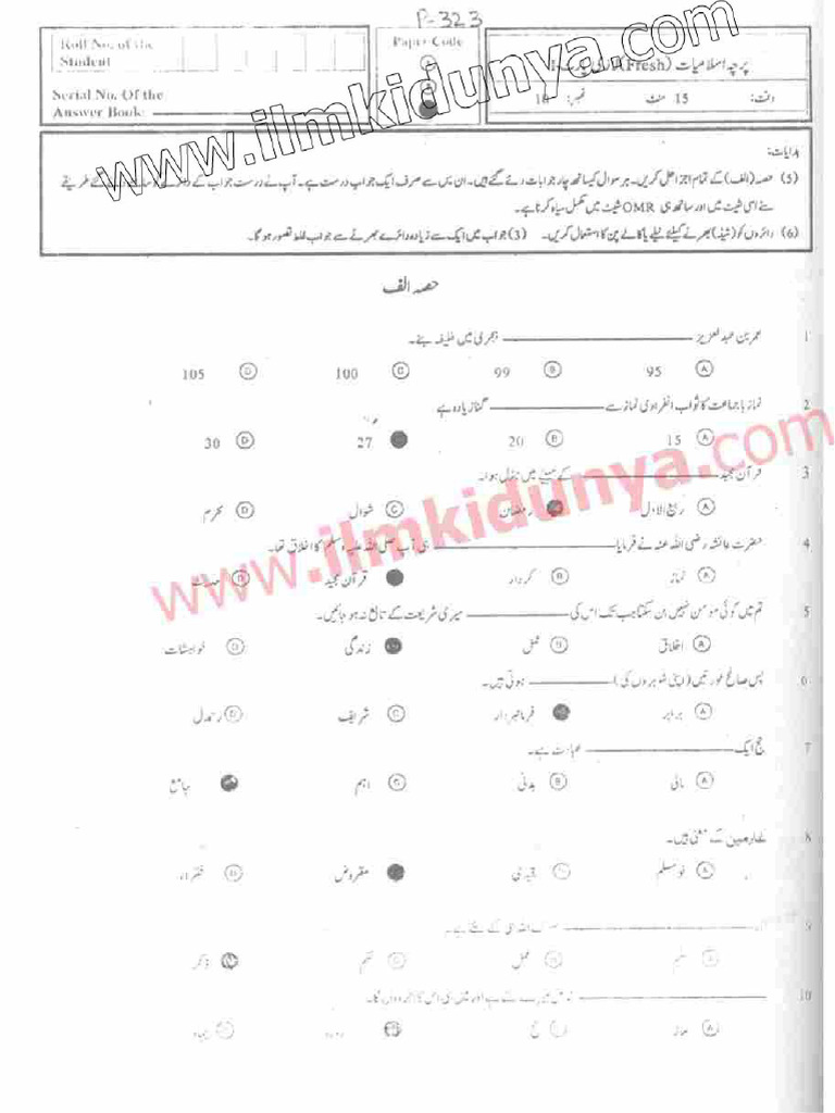 Past Papers 2017 Swat Board Inter Part 1 Islamiat Section Objective | PDF