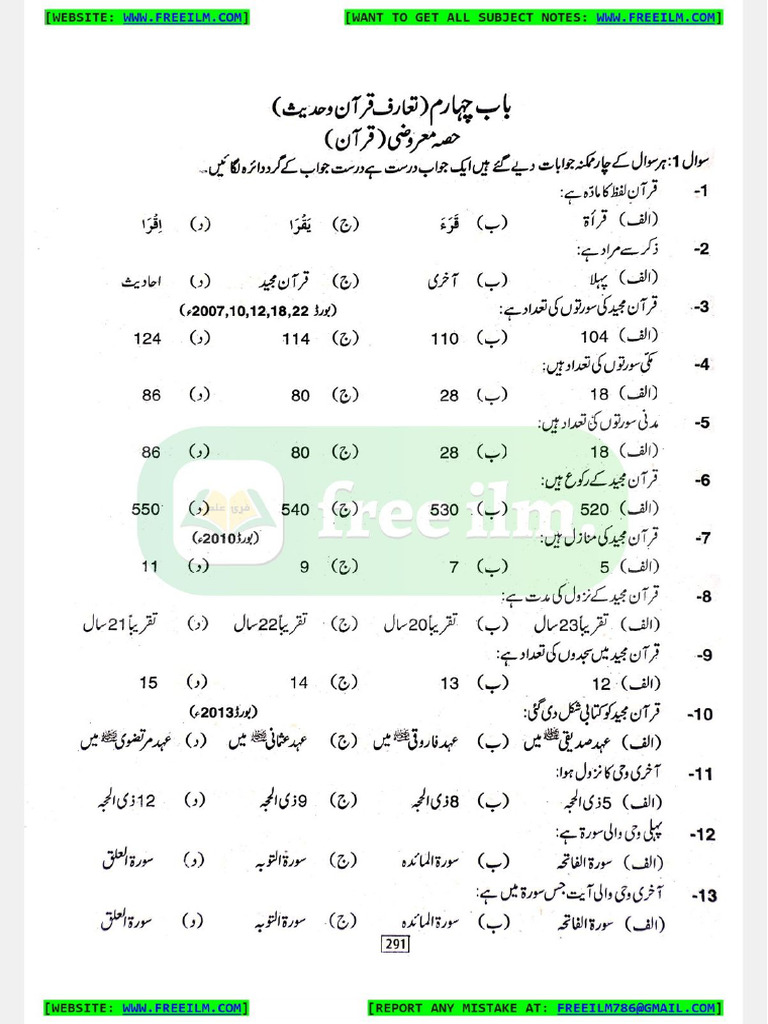 11th Islamiat Ch4 MCQ's | PDF