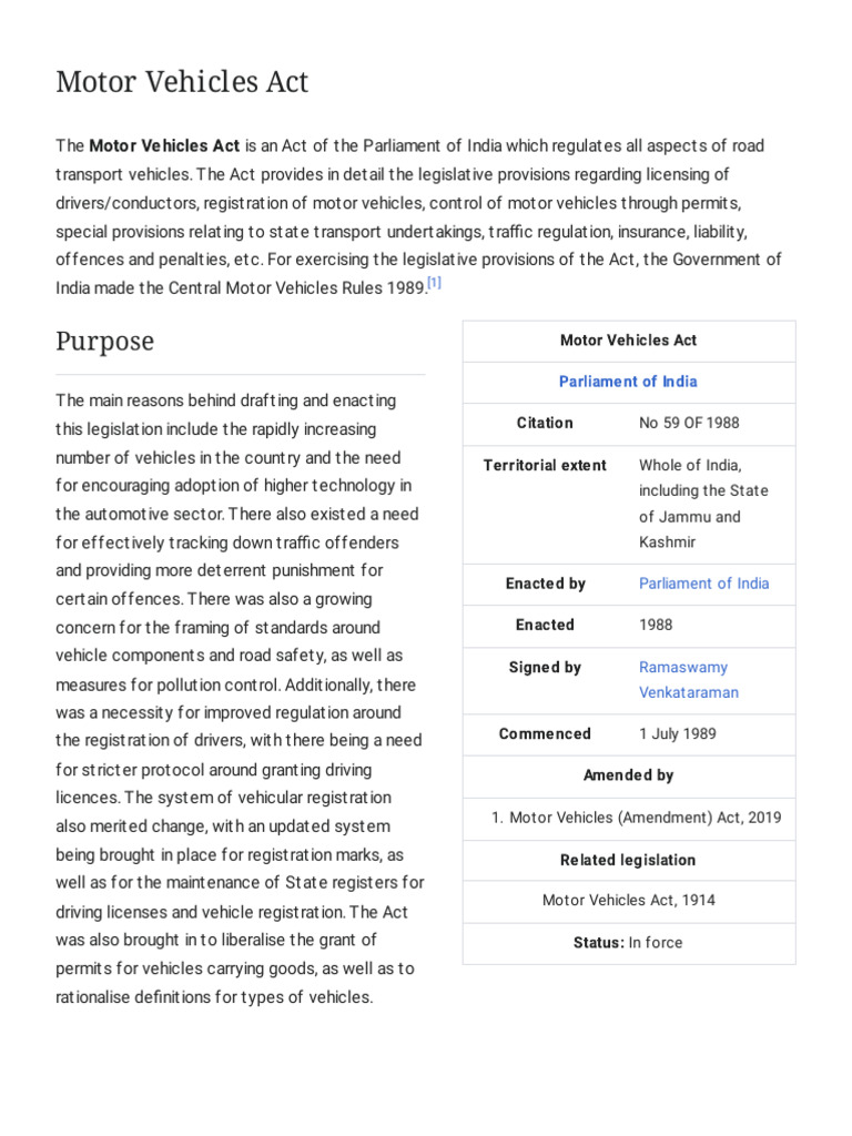 Motor Vehicles Act - Wikipedia | PDF | Land Transport | Transport