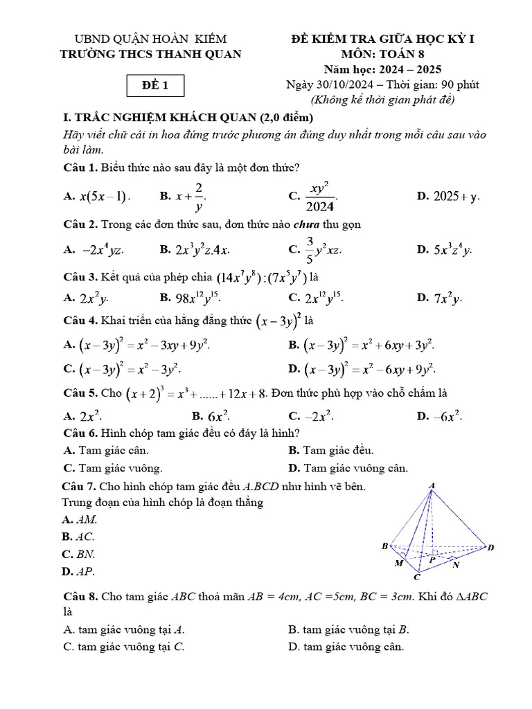 De Giua Hoc Ki 1 Toan 8 Nam 2024 2025 Truong Thcs Thanh Quan Ha Noi | PDF