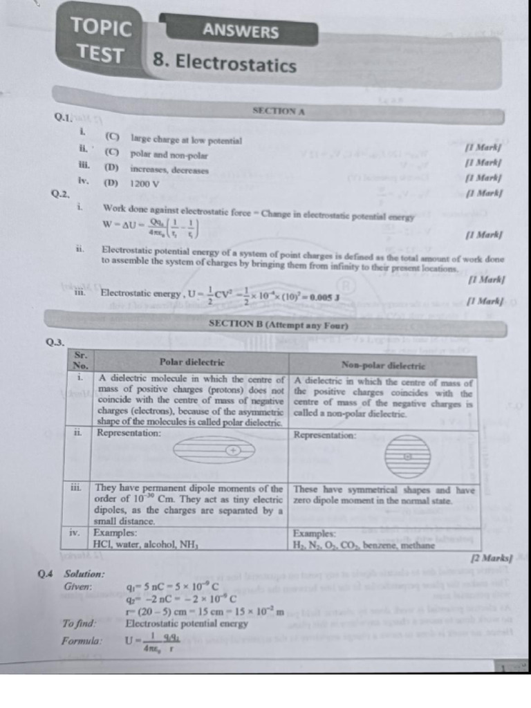12th Sci Electrostatics Answer Key | PDF