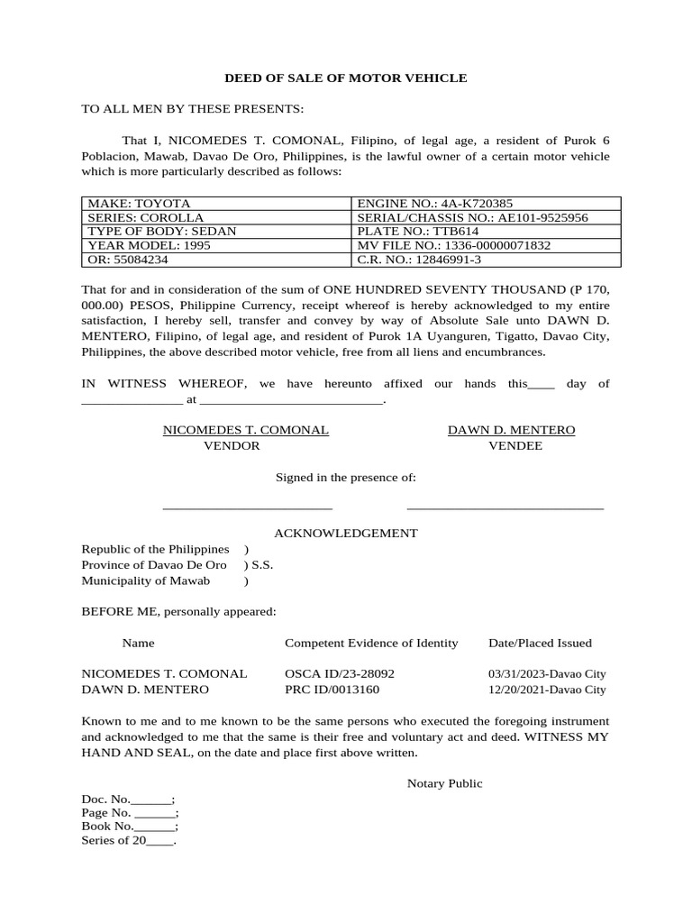 Deed of Sale of Motor Vehicle | PDF