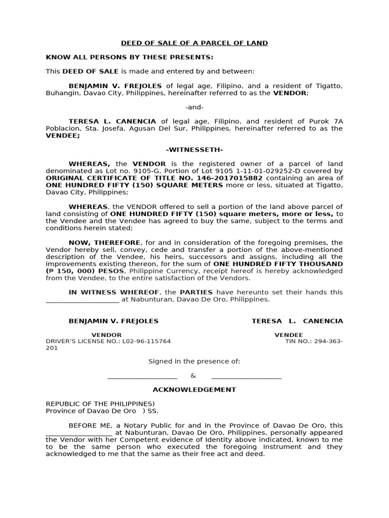 Deed of Sale of A Parcel of Land-Vistal | PDF | Currency | Common Law