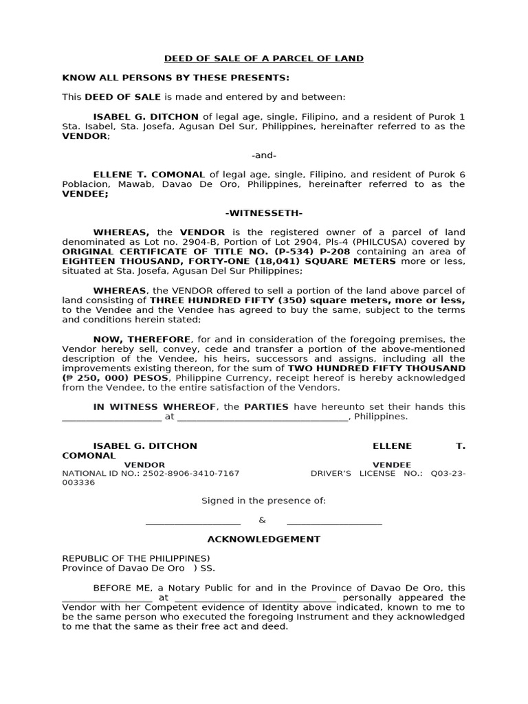 DEED OF SALE OF A PARCEL OF LAND-DITCHON | PDF | Currency | Common Law