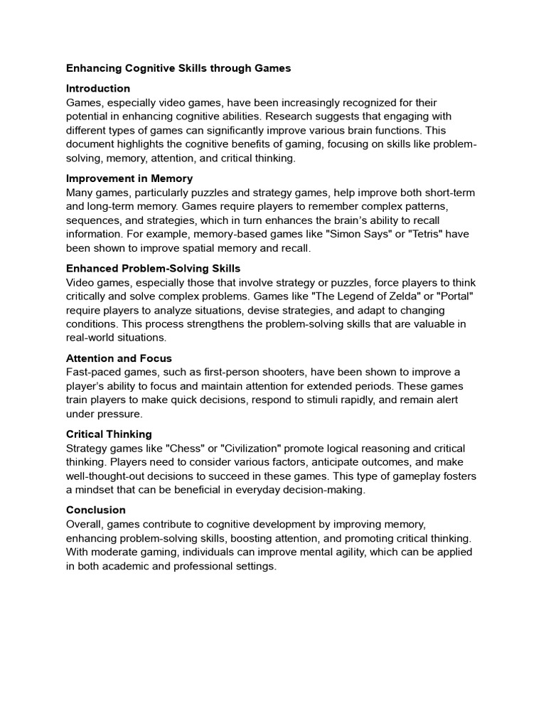 Boost Cognitive Skills with Gaming | PDF