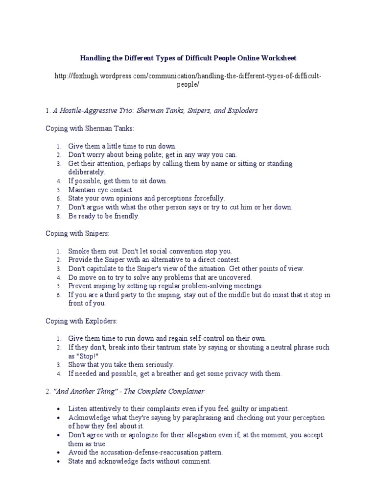 Working With Difficult People Online Worksheet | PDF | Sniper ...