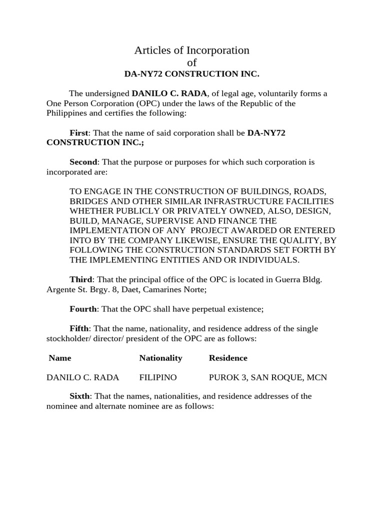 Articles of Incorporation | PDF | Corporations | Stocks