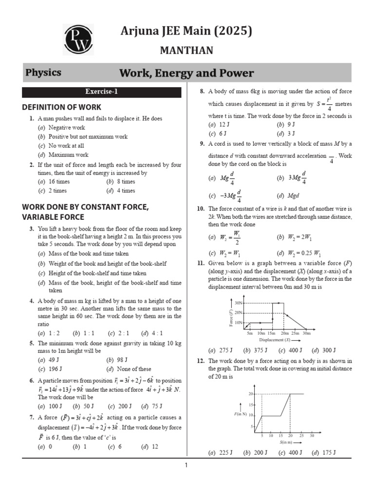 Physics Work and Energy MCQs | PDF | Force | Potential Energy