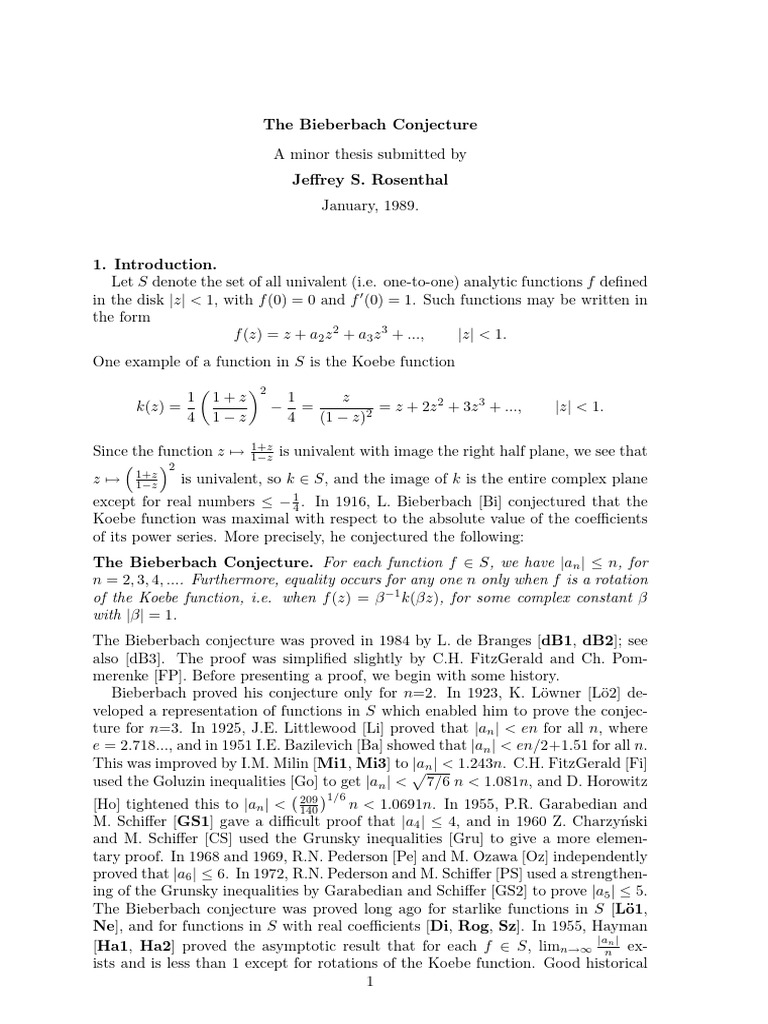 The Bieberbach Conjecture | PDF | Theorem | Conjecture
