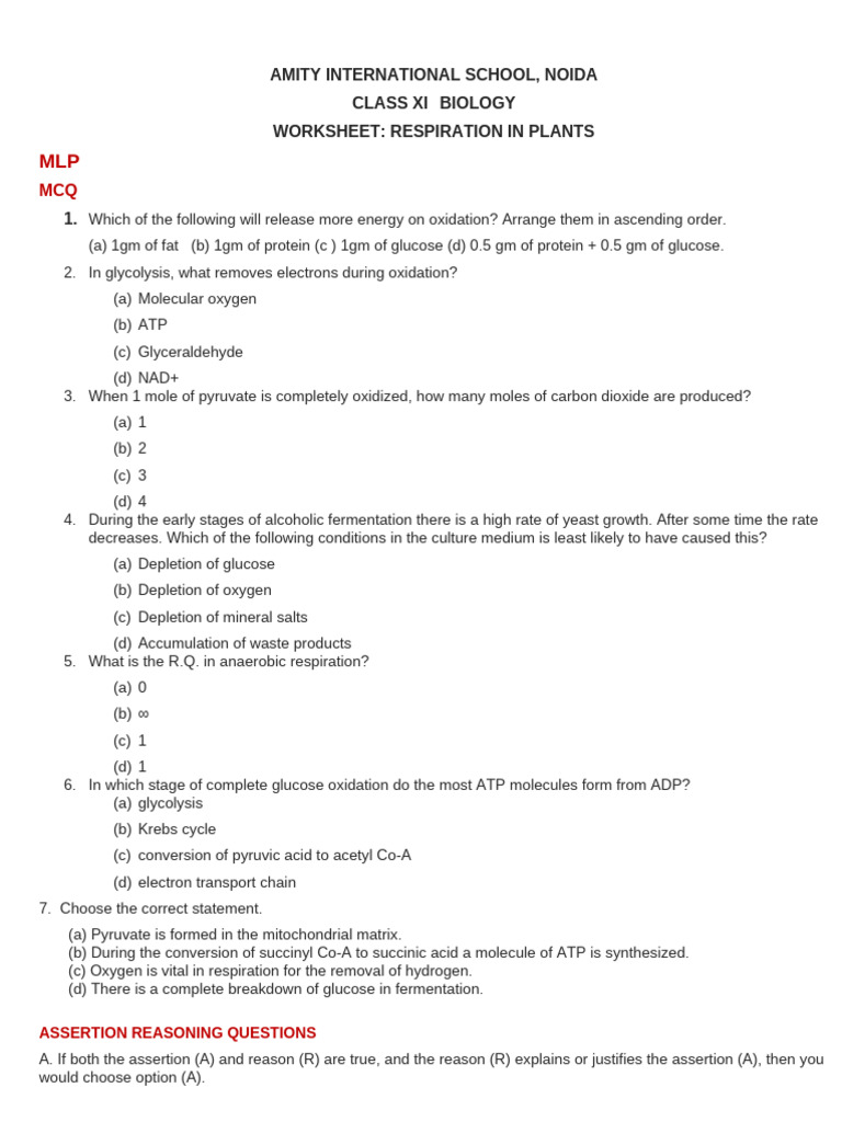 Plant Respiration Worksheet for Class XI | PDF | Cellular Respiration ...