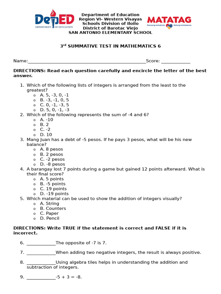 3rd Grade Math Summative Test Guide | PDF | Integer | Numbers