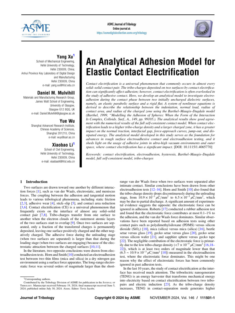 An Analytical Adhesion Model For Elastic Contact Electrification | PDF | Adhesion | Force