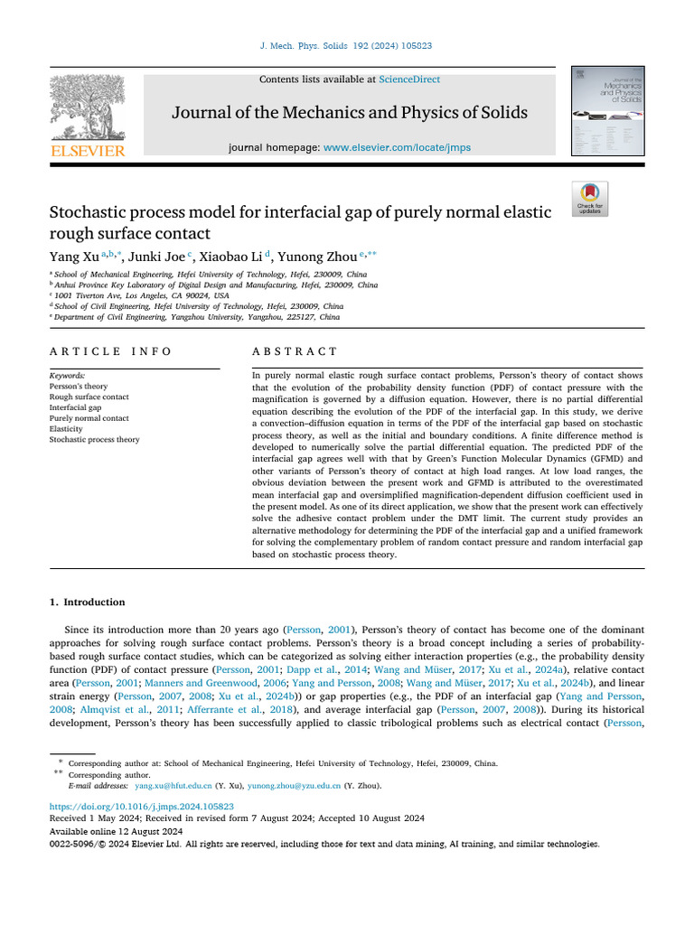 Stochastic Process Model For Interfacial Gap of Purely Normal Elastic ...