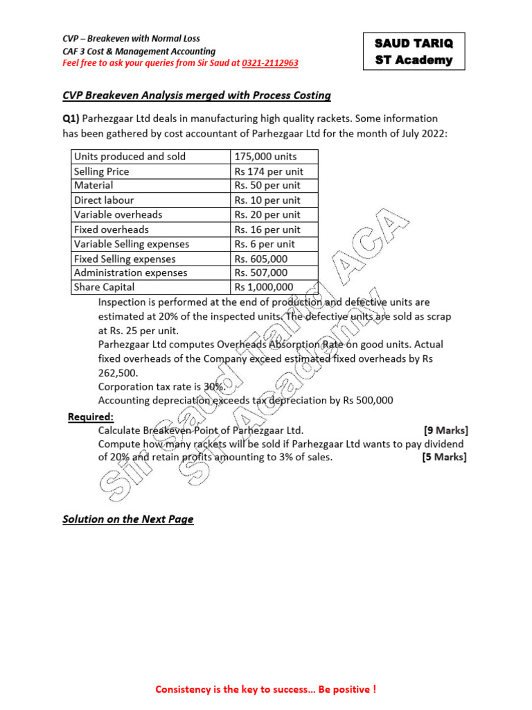 CAF 3 CVP Breakeven With Normal Loss (Process Costing) | PDF ...