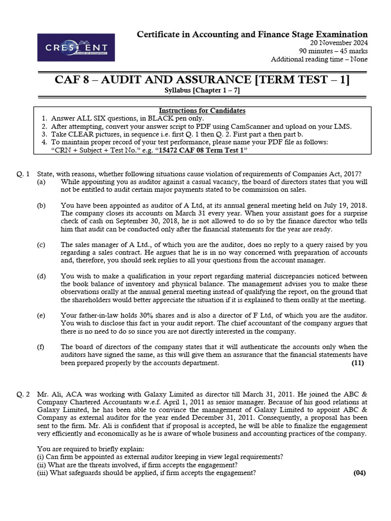 Term Test - 1 CAF 8 (20-Nov-2024) | PDF | Audit | Financial Statement
