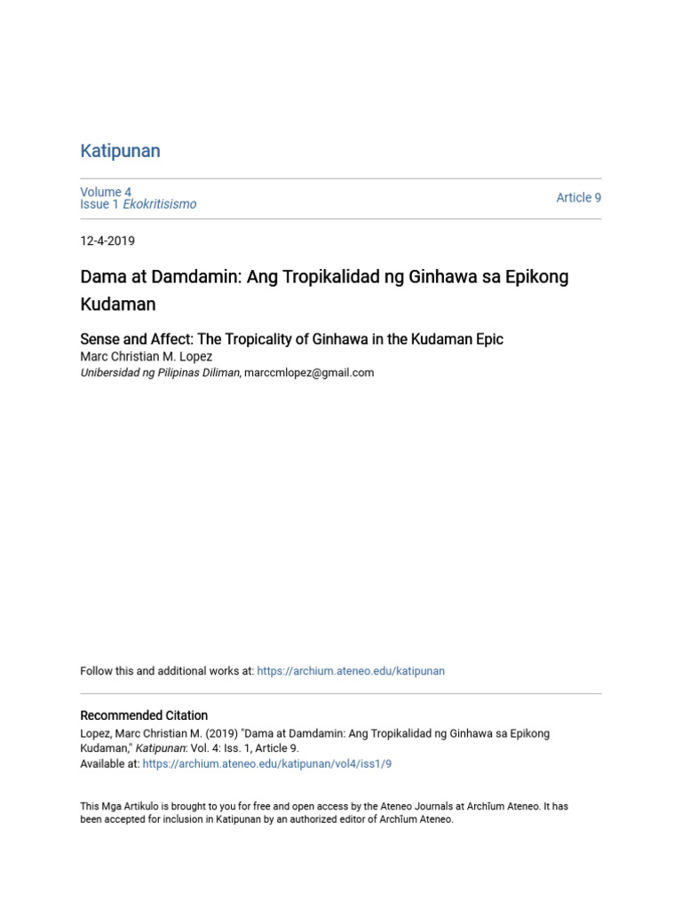 Dama at Damdamin_ Ang Tropikalidadng Ginhawa Sa Epikong Kudaman | PDF