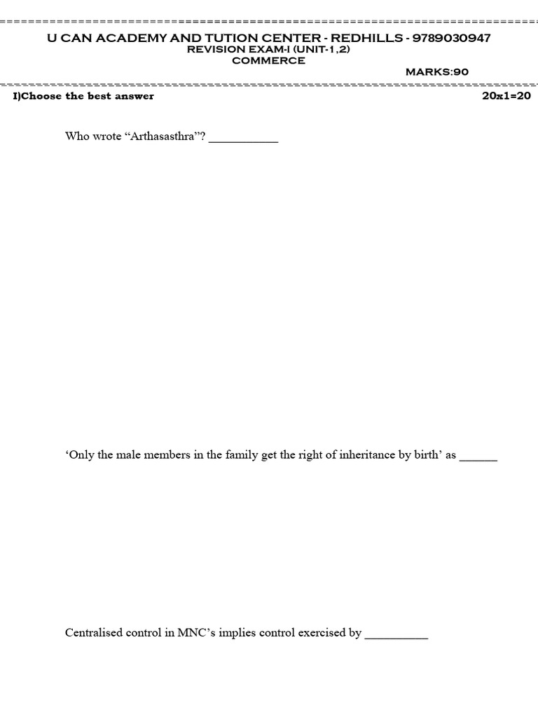 11th Commerce Revision Exam 1 Unit 1 and 2 Question Paper English ...