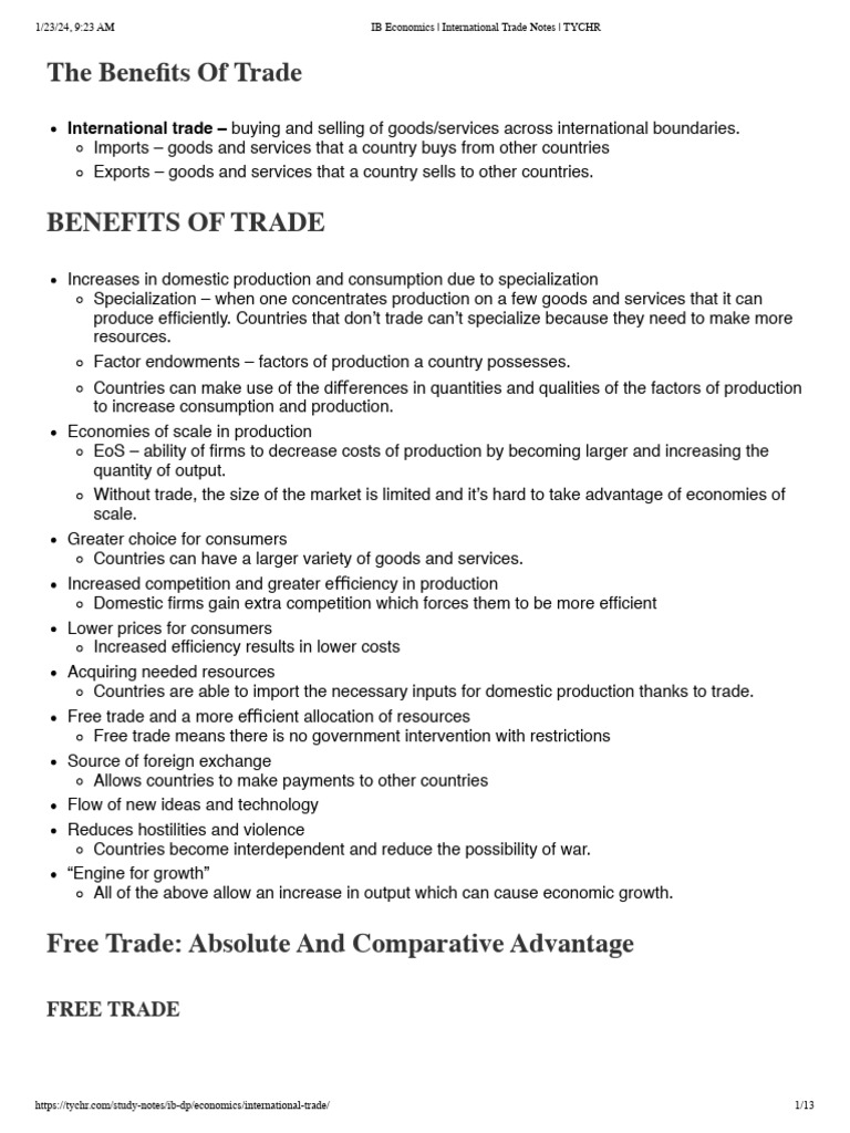 IB Economics - International Trade Notes - TYCHR | PDF | Subsidy | Tariff