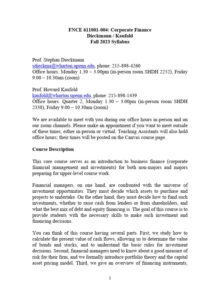 Corporate Finance Syllabus | PDF | Valuation (Finance) | Investing