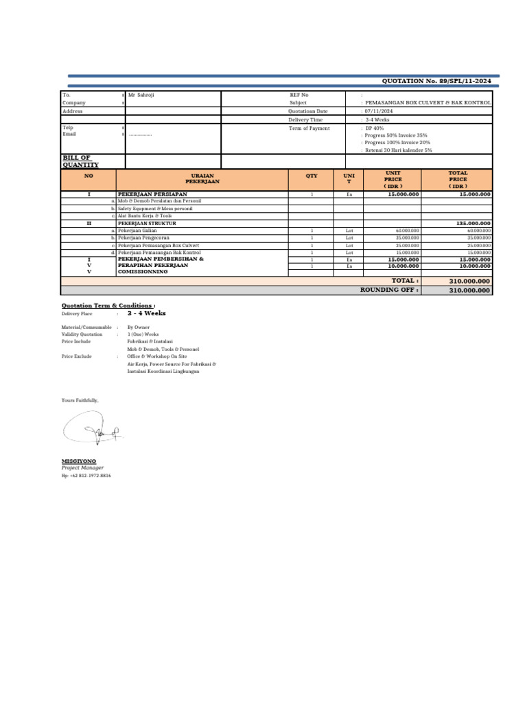 Quotation Box Culvert 1.20 X 1.20 X 1.00 Dan Manhole Ramp | PDF ...