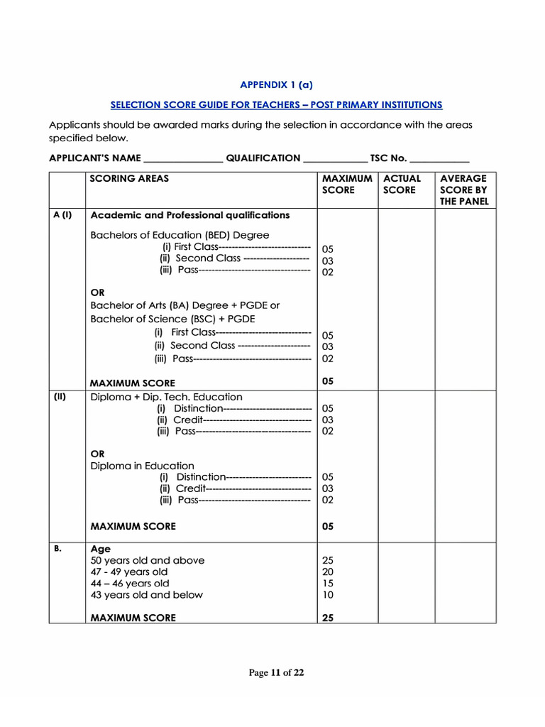 TSC Score Guide For Teachers Post Primary | PDF