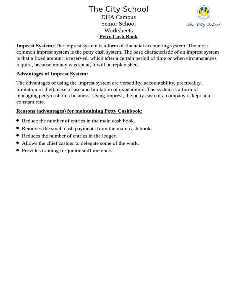 Petty Cash Book: Imprest System Guide | PDF | Money | Economies