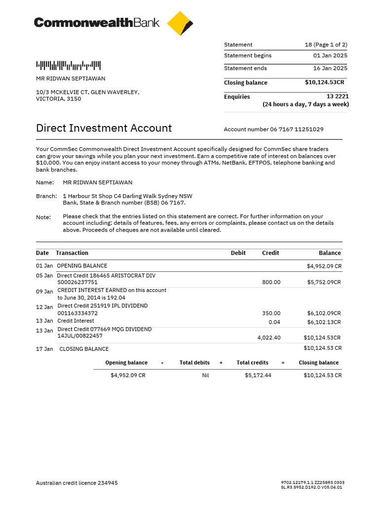 Australia Commonwealth Bank Statement PDF | PDF | Banks | Debit Card
