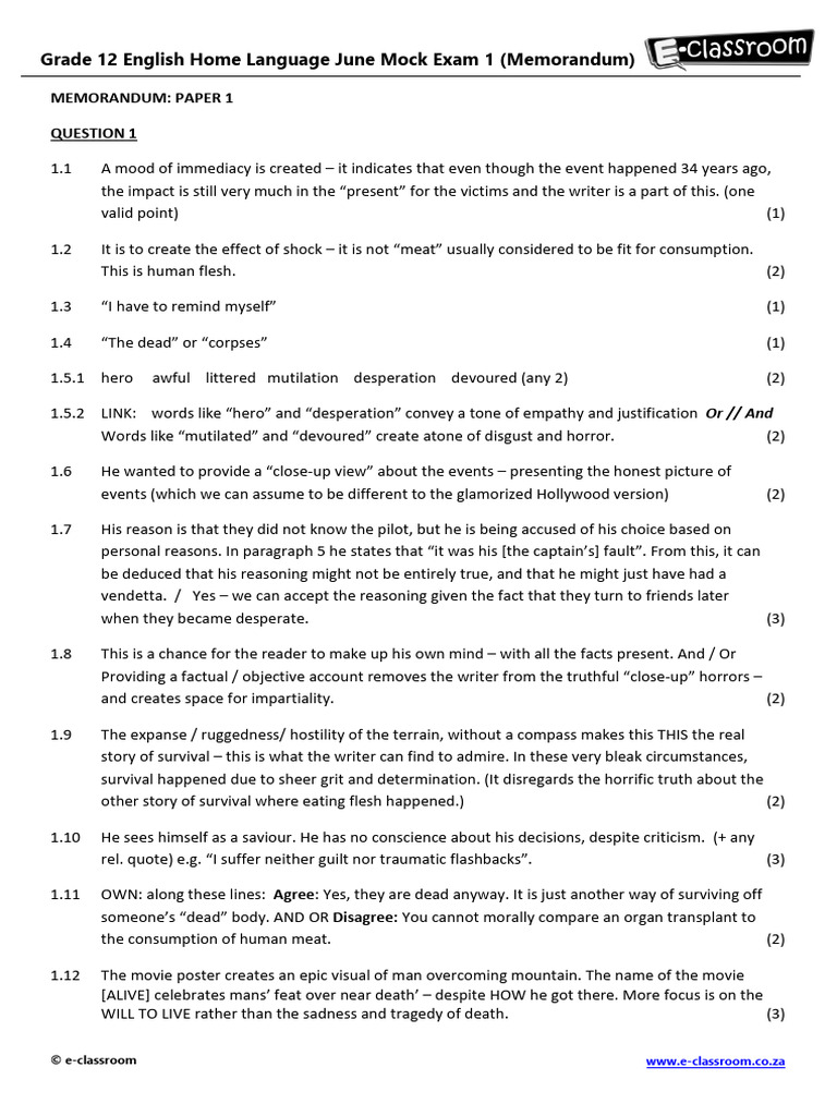 Grade 12 English June Mock Exam Memo | PDF