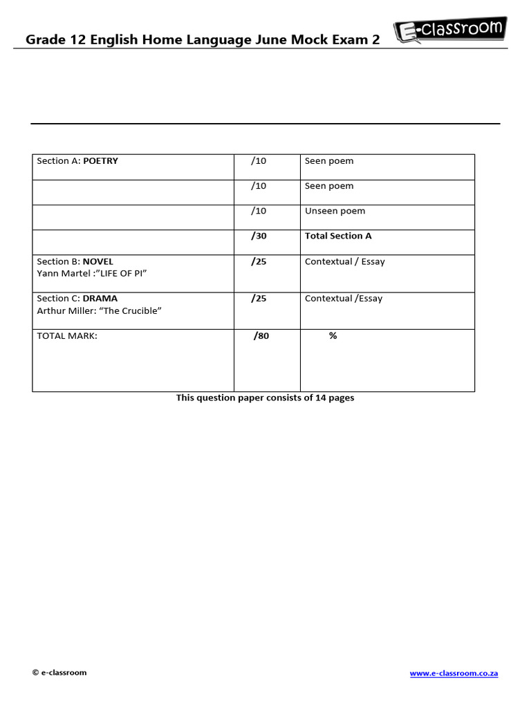 Grade 12 English June Mock Exam Paper | PDF