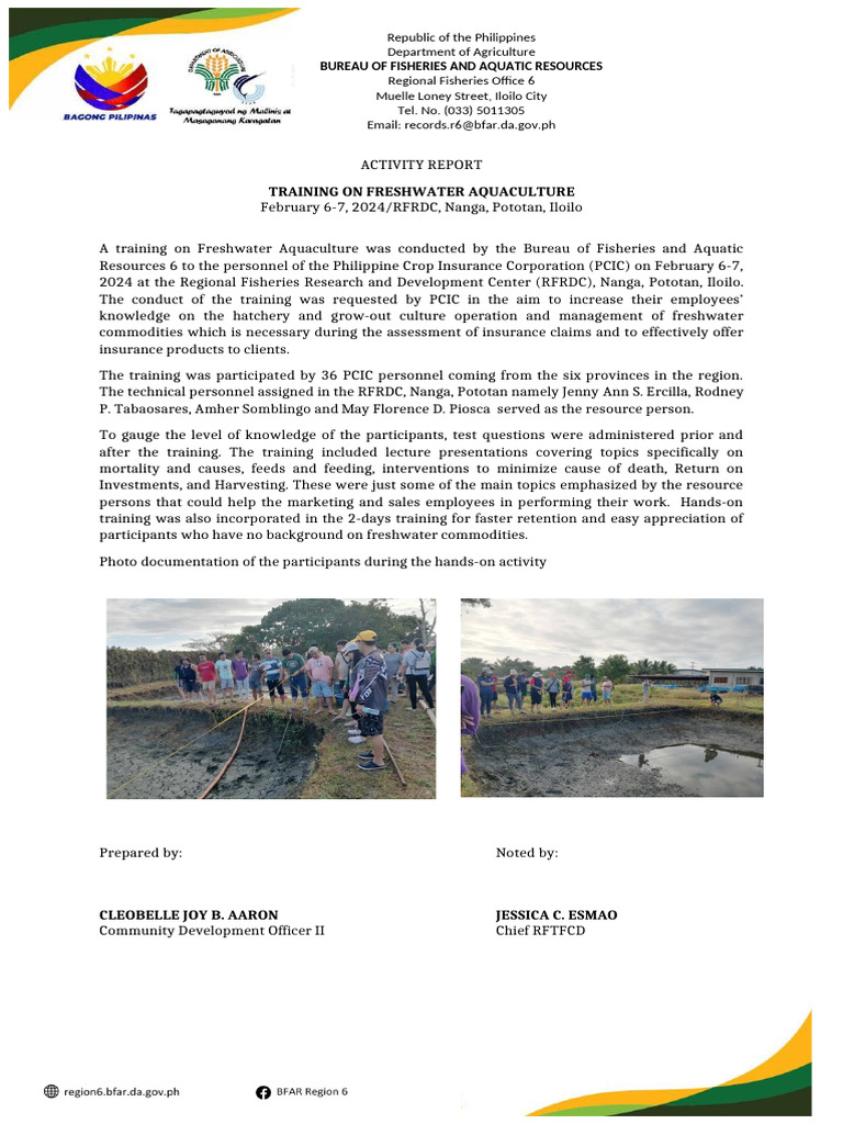 Activity-Report - Training On Freshwater Aquaculture | PDF