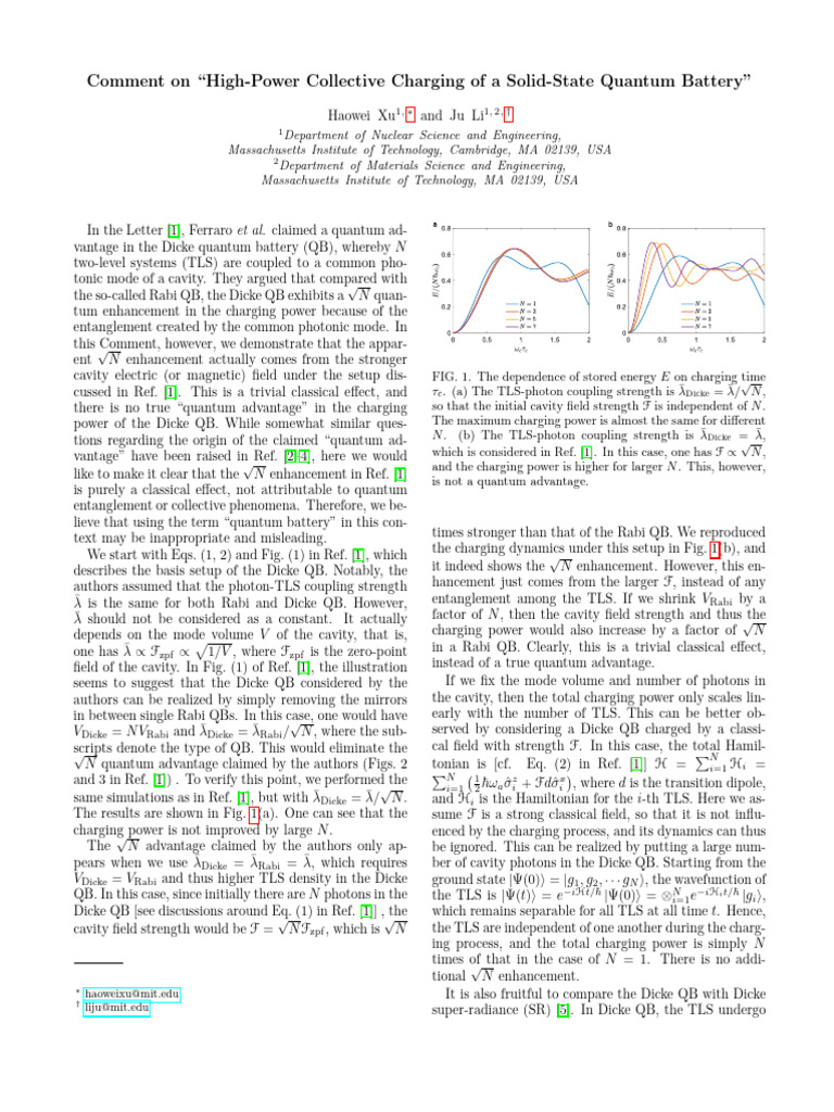Xu Arxiv 2024 Comment On "High-Power Collective Charging of A Solid-State Quantum Battery" | PDF ...