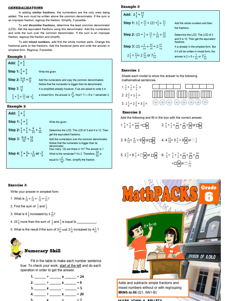 W1.B. Math6 - Q1 - M6NS-Ia-86 - Adds and Subtracts Simple Fractions and ...