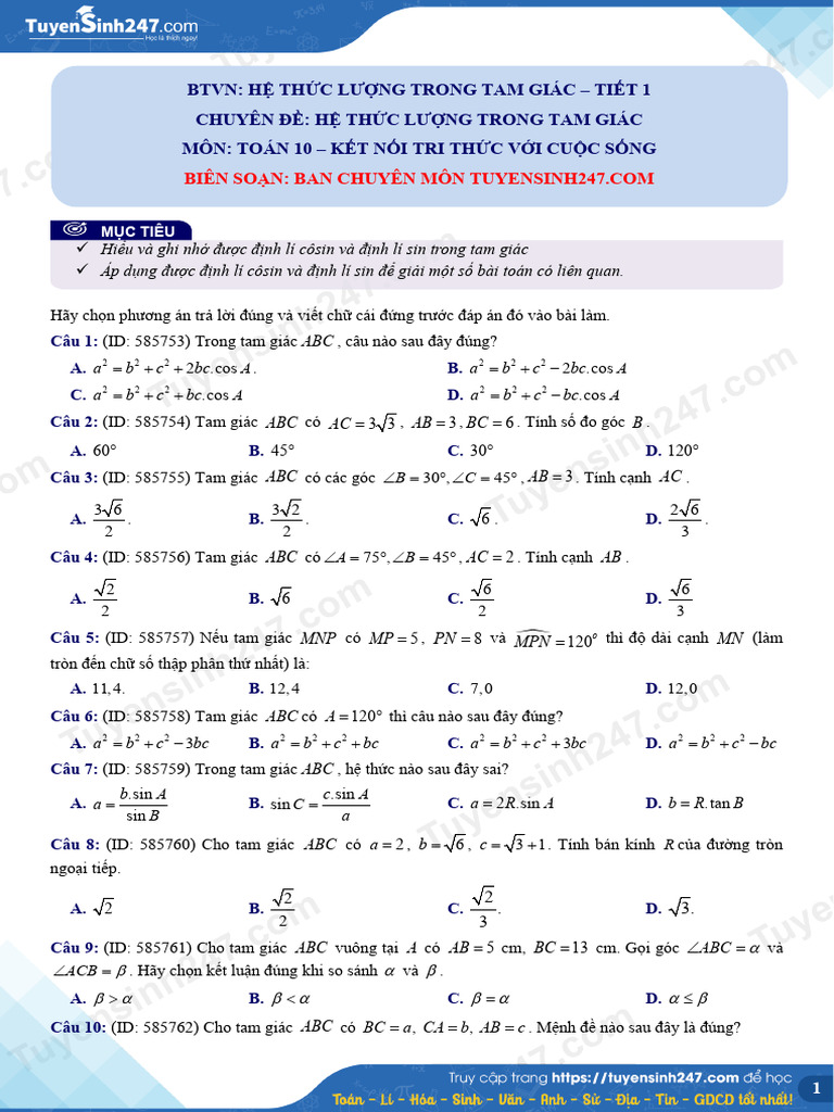 3. de-thi-btvn-he-thuc-luong-trong-tam-giac-tiet-1-1673851615 | PDF