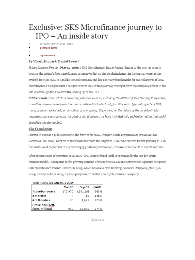 Exclusive: SKS Microfinance Journey To IPO - An Inside Story | PDF ...
