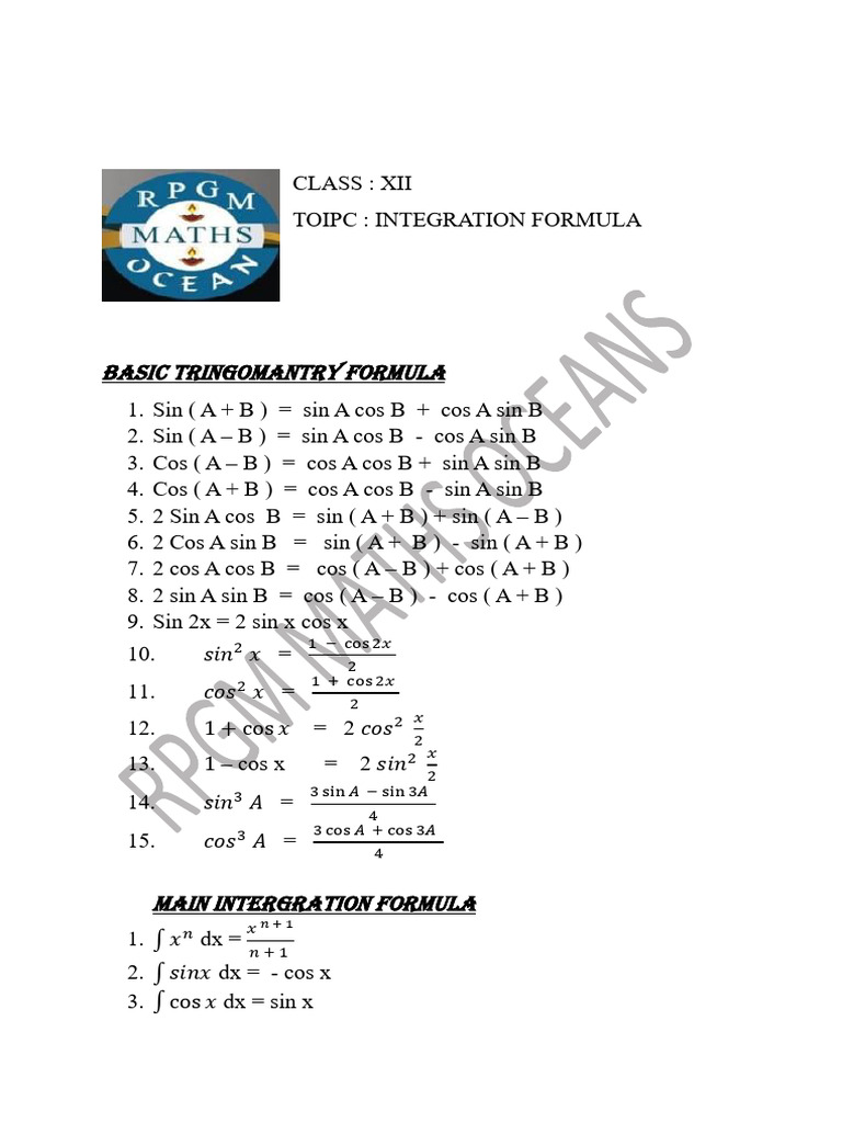 Formula Basic and Main Formula For Full Chapter Integration | PDF ...
