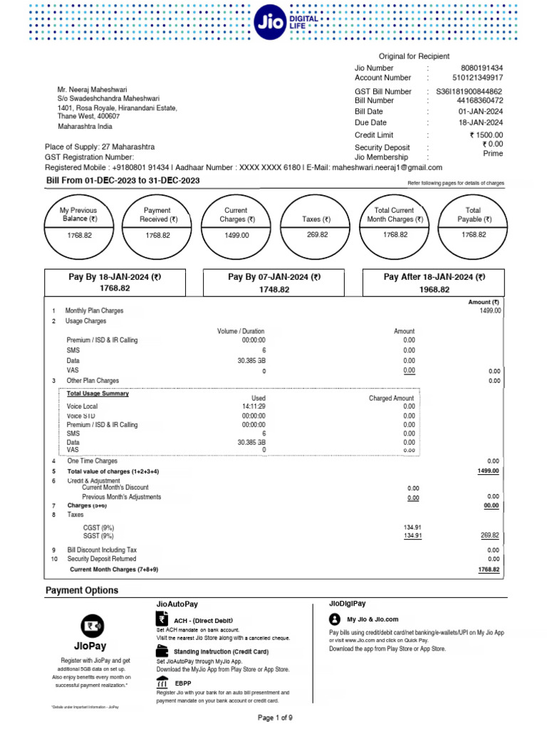 Jio-Bill-Dec-2023 | PDF | Payments | Credit Card