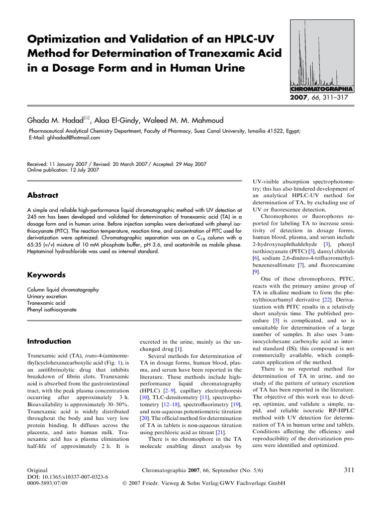 Optimization and Validation of An HPLC-UV Method For Determination of Tranexamic Acid in A ...