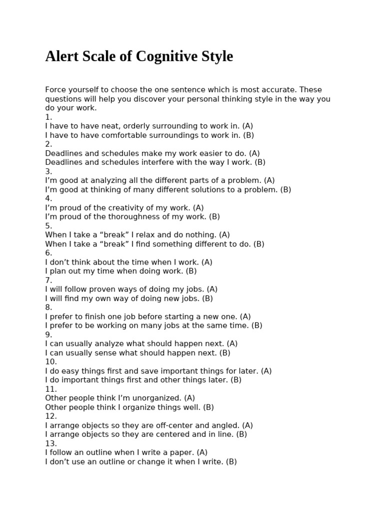 Alert Scale of Cognitive Style | PDF | Thought | Mental Processes