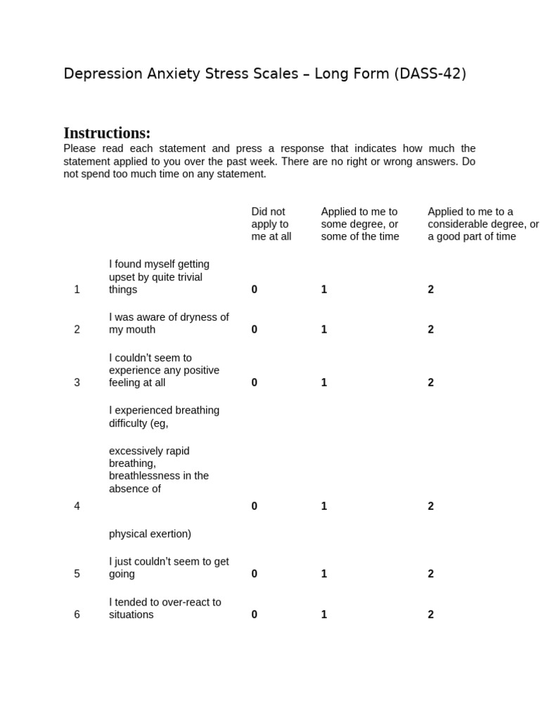 Depression Anxiety Stress Scales - Long Form (DASS-42) | PDF | Anxiety ...