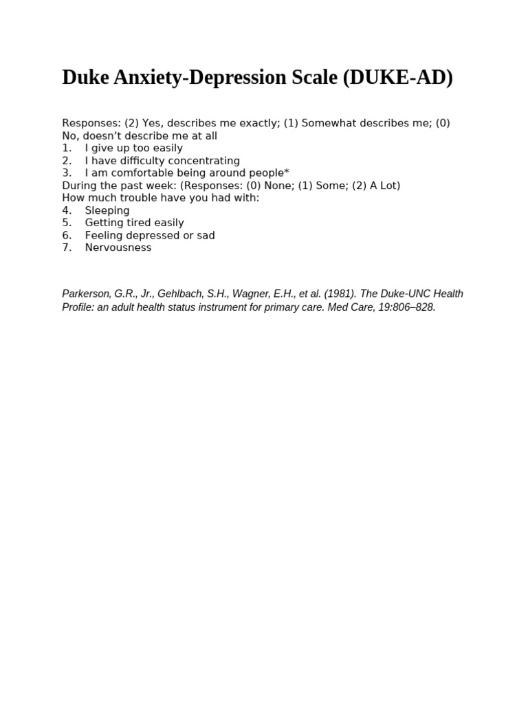 Duke Anxiety-Depression Scale Overview | PDF